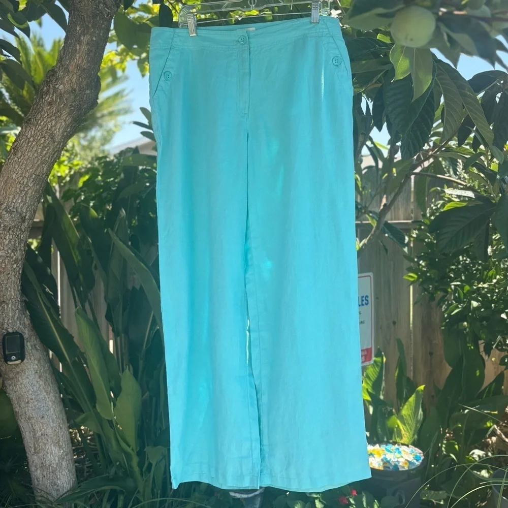 Chico's | Pants & Jumpsuits | Chicos Turquoise 0 Linen Wide Leg Flat ...